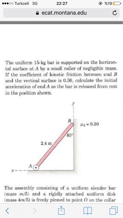 Solved The uniform 15-kg bar is supported on the horizontal | Chegg.com