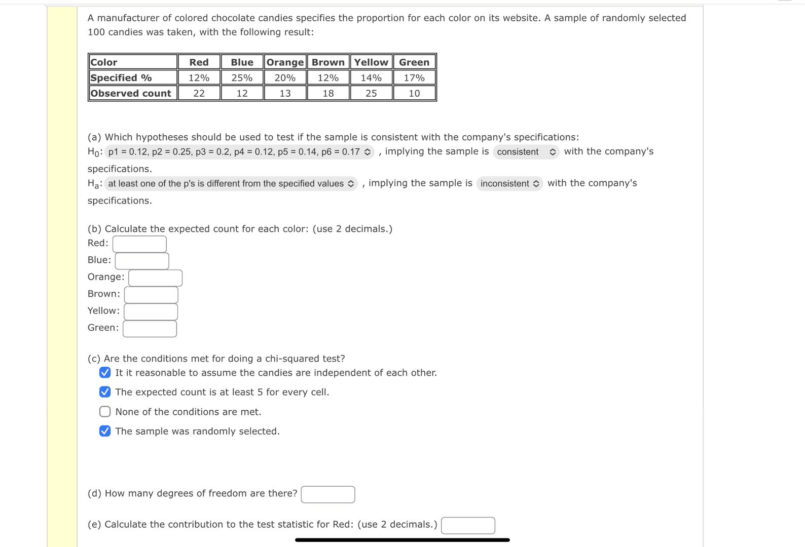 Solved A manufacturer of colored chocolate candies specifies | Chegg.com