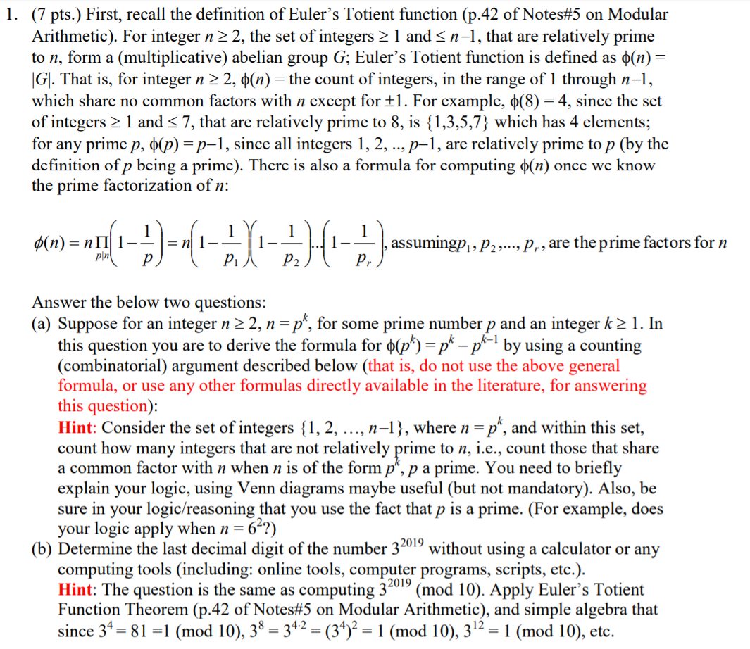 Solved 1. (7 pts.) First, recall the definition of Euler's | Chegg.com