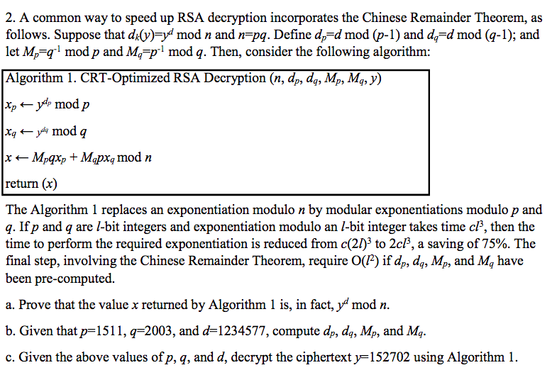 2. A common way to speed up RSA decryption | Chegg.com