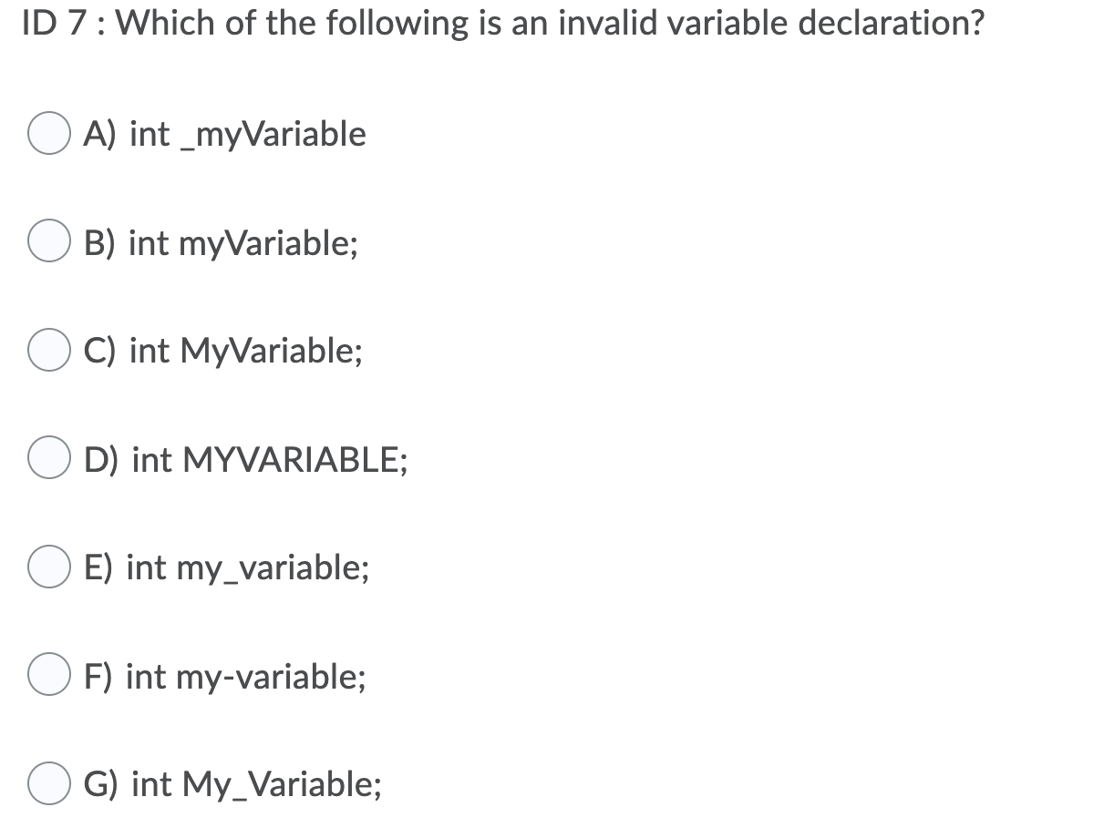 Solved ID 7: Which of the following is an invalid variable | Chegg.com