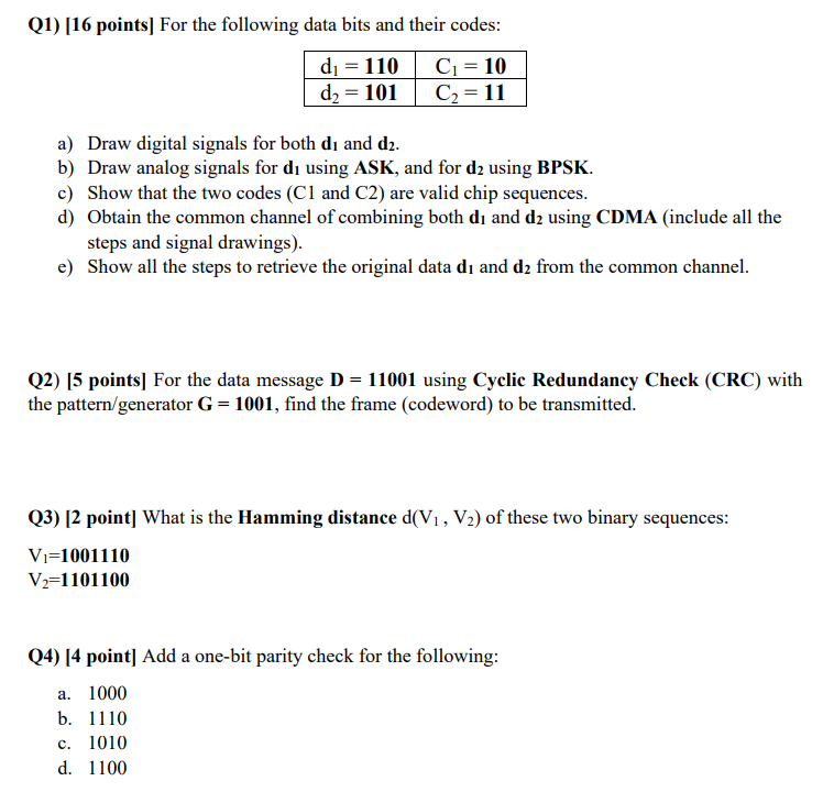 Solved Q1) [16 points] For the following data bits and their | Chegg.com