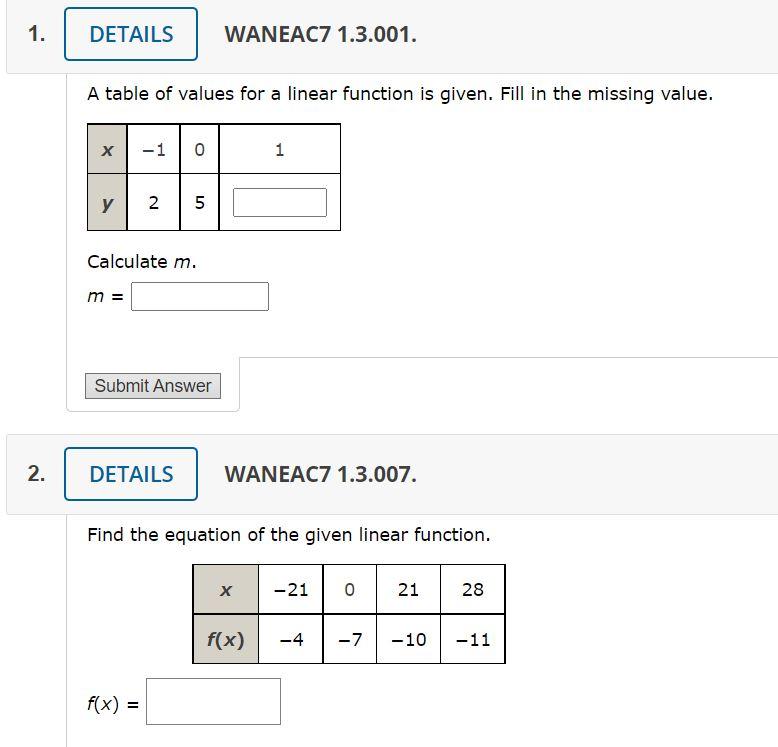 Solved WANEAC7 1.3.001. A table of values for a linear | Chegg.com