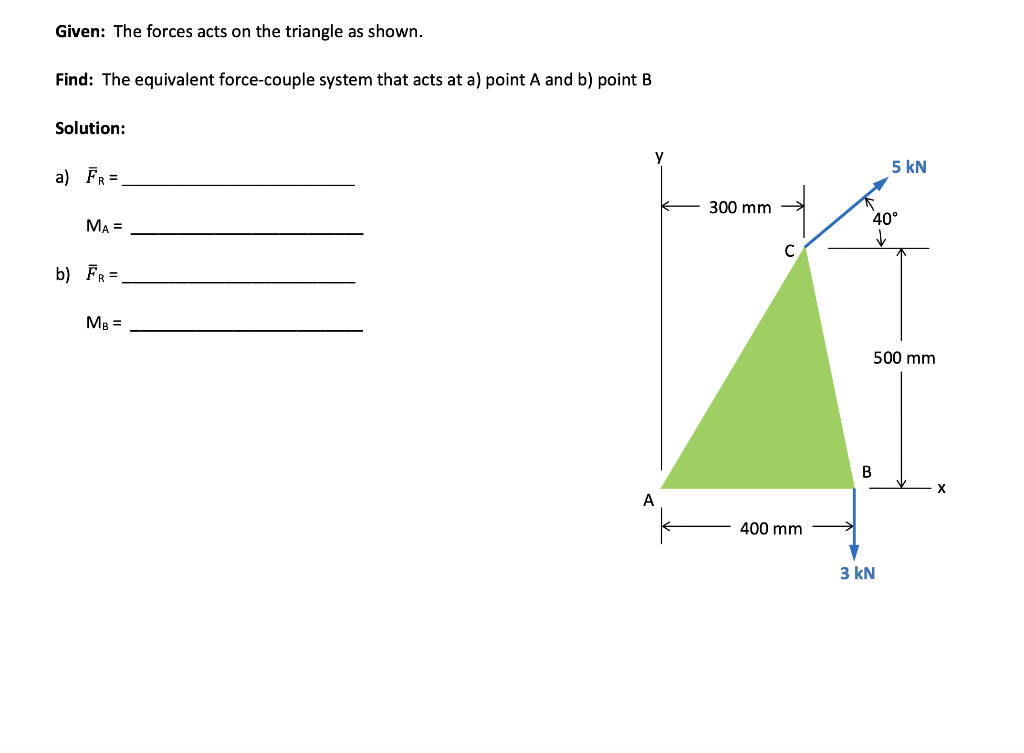 Solved Find: The equivalent force-couple system that acts at | Chegg.com