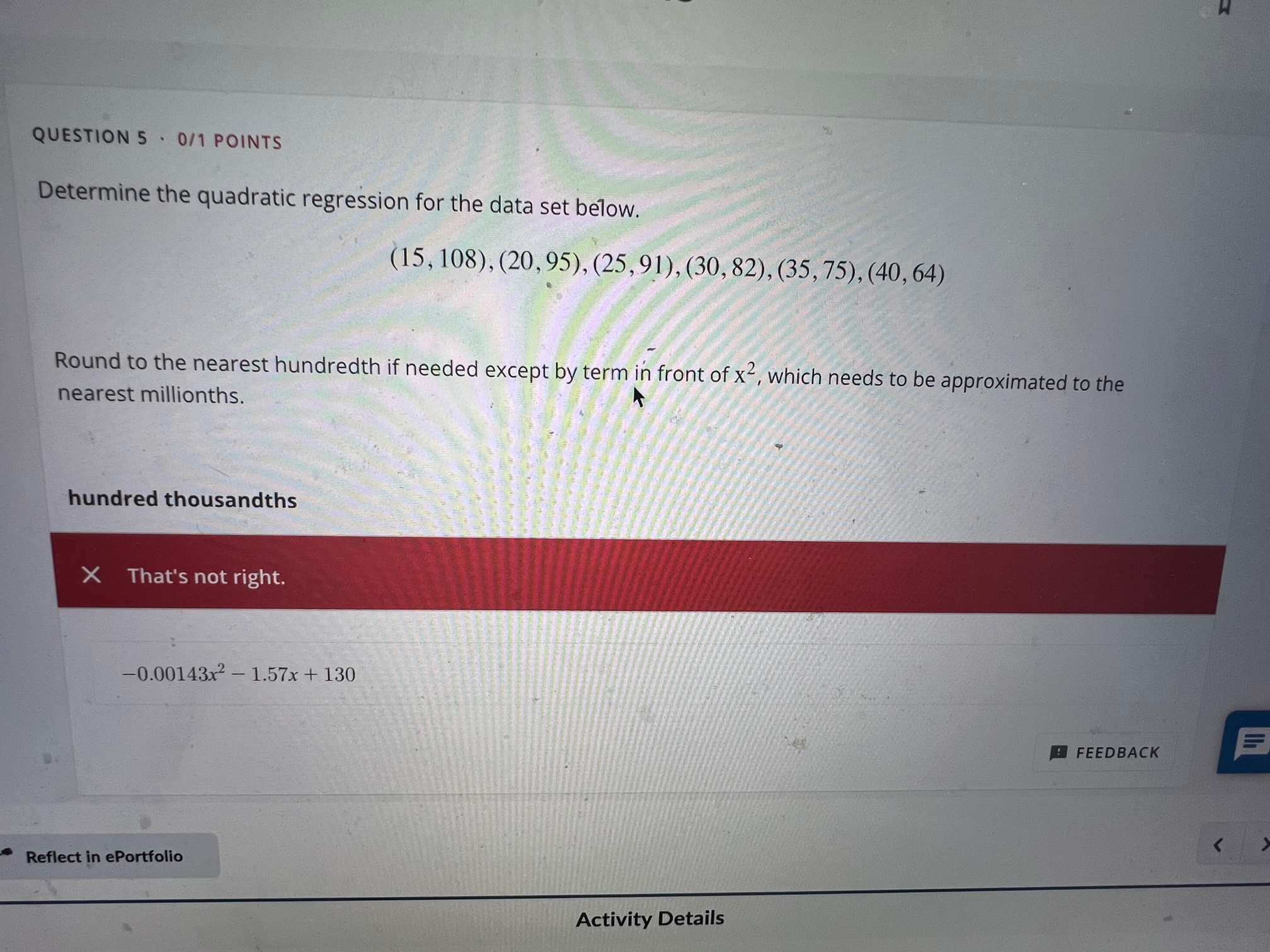 Solved Determine the quadratic regression for the data set | Chegg.com