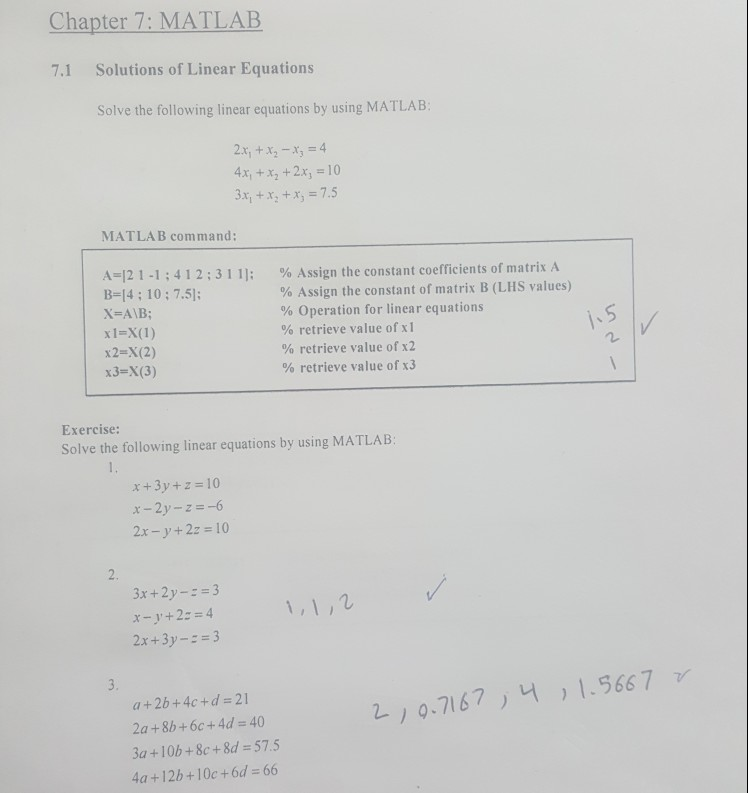 Solved Chapter 7: MATLAB 7.1 Solutions of Linear Equations | Chegg.com