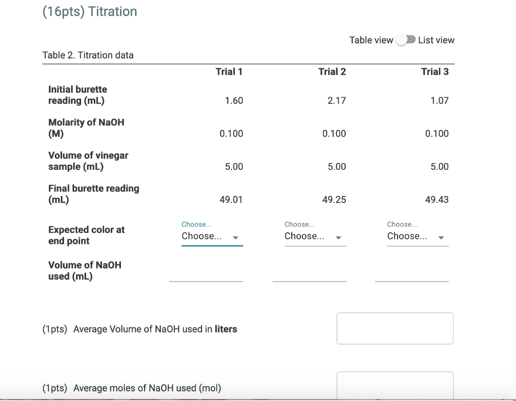 Solved (16pts) Titration Table view List view Table 2. | Chegg.com