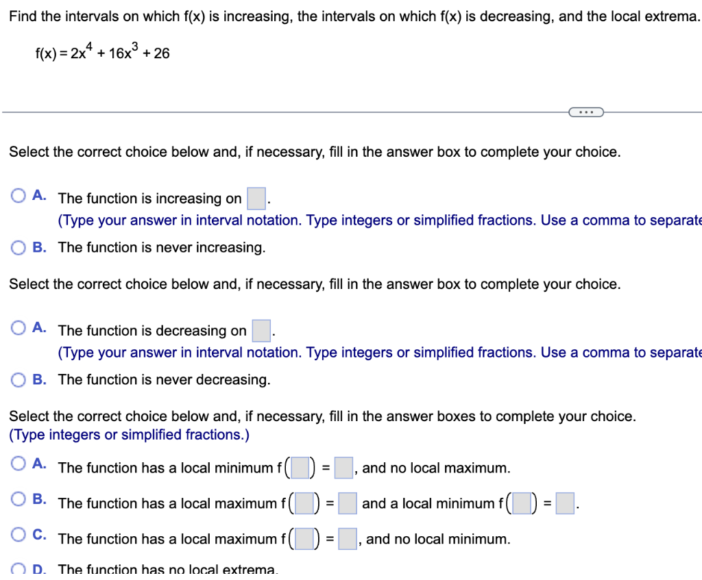 Solved f(x)=2x4+16x3+26 Select the correct choice below and, | Chegg.com