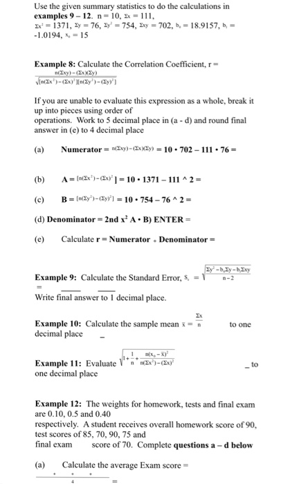Solved Using Formulas To Calculate Summary Statistics Ch 8533