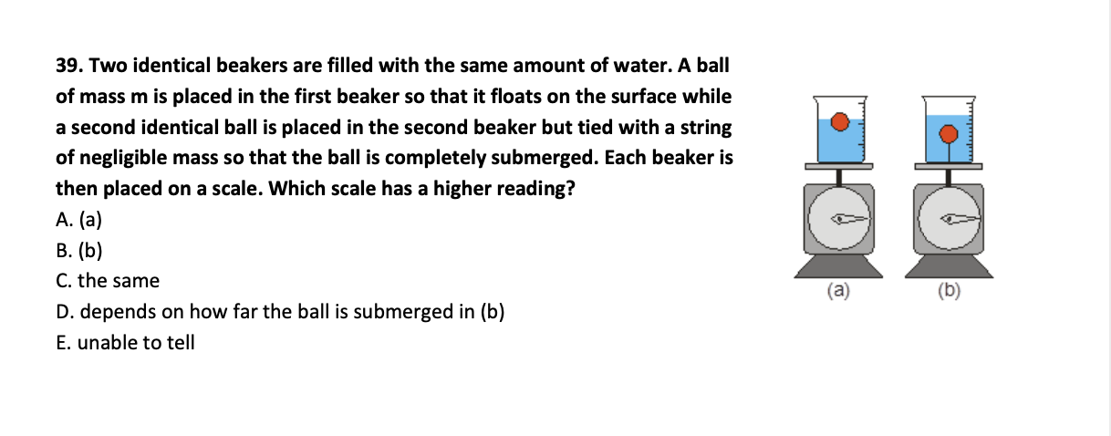 Solved 39. Two identical beakers are filled with the same | Chegg.com