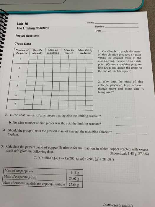 Solved Name Lab 10 The Limiting Reactant Section Date