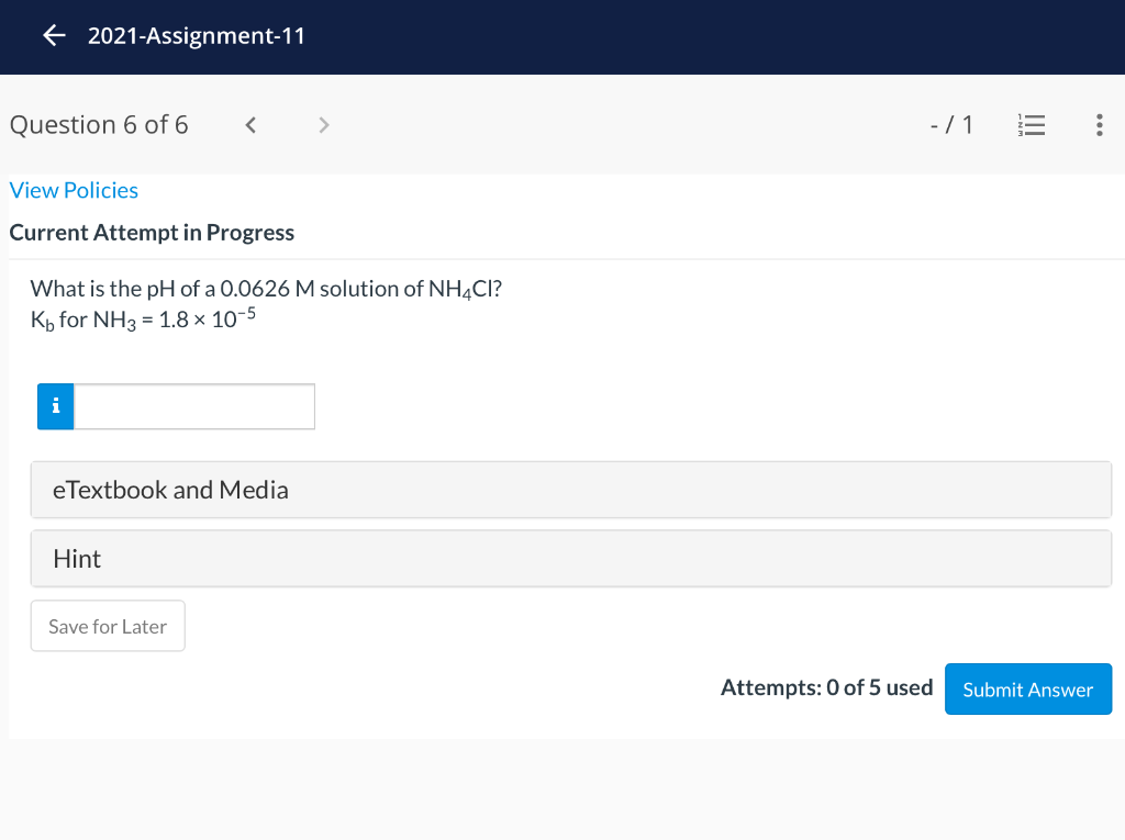 Solved What is the pH of a 0.0626M solution of NH4Cl ? Kb | Chegg.com