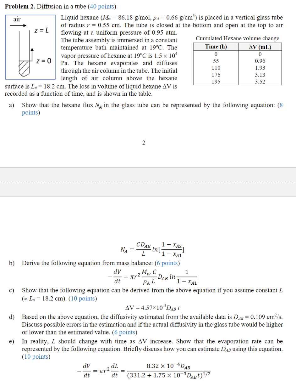 Solved 0 Problem 2. Diffusion in a tube (40 points) air | Chegg.com
