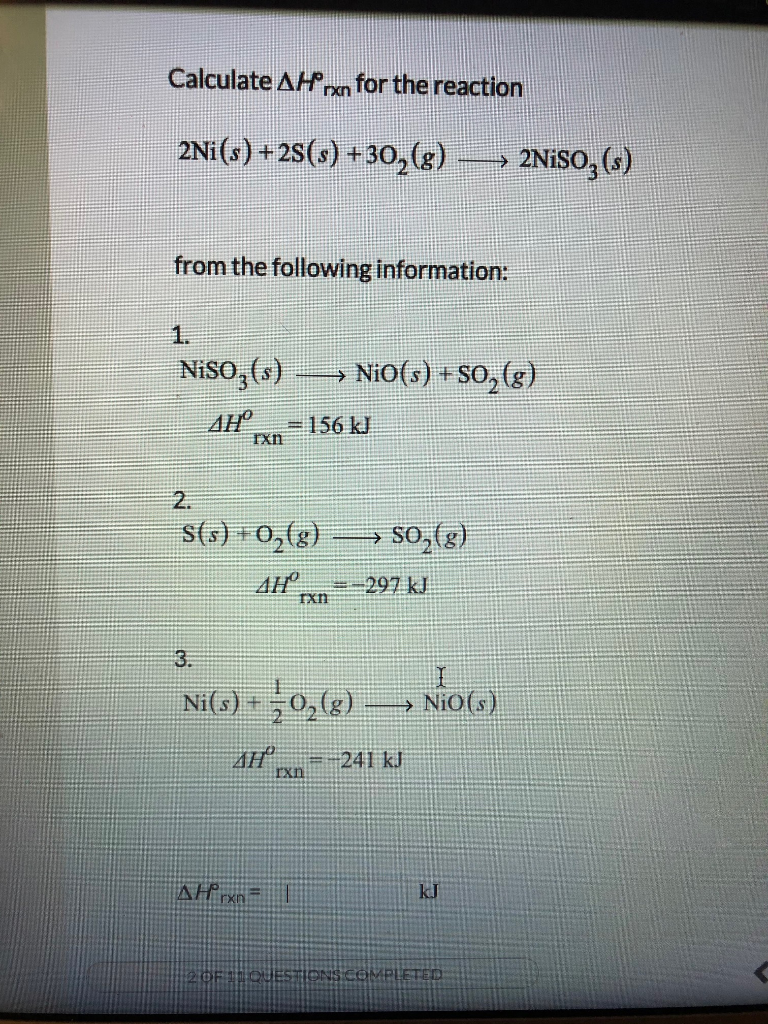 Solved Calculate AH mm for the reaction 2Ni(s) +2S(s) +30, | Chegg.com