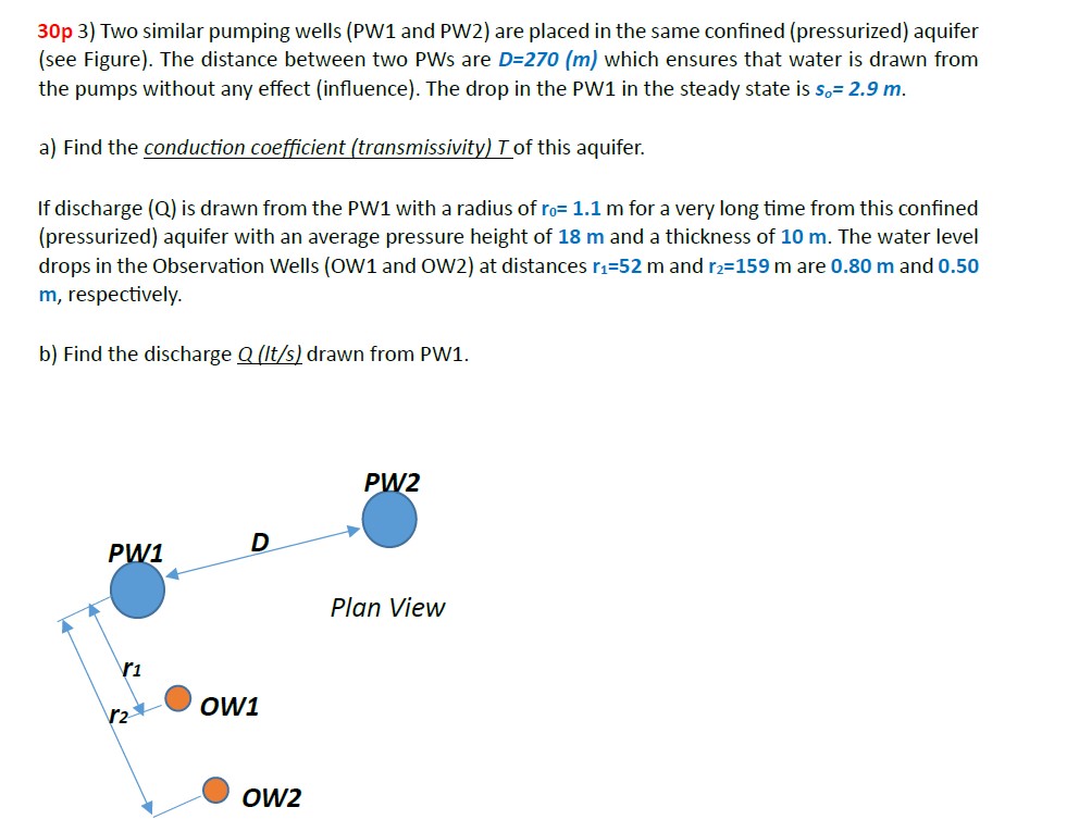 Solved 30p 3) Two similar pumping wells (PW1 and PW2) are | Chegg.com