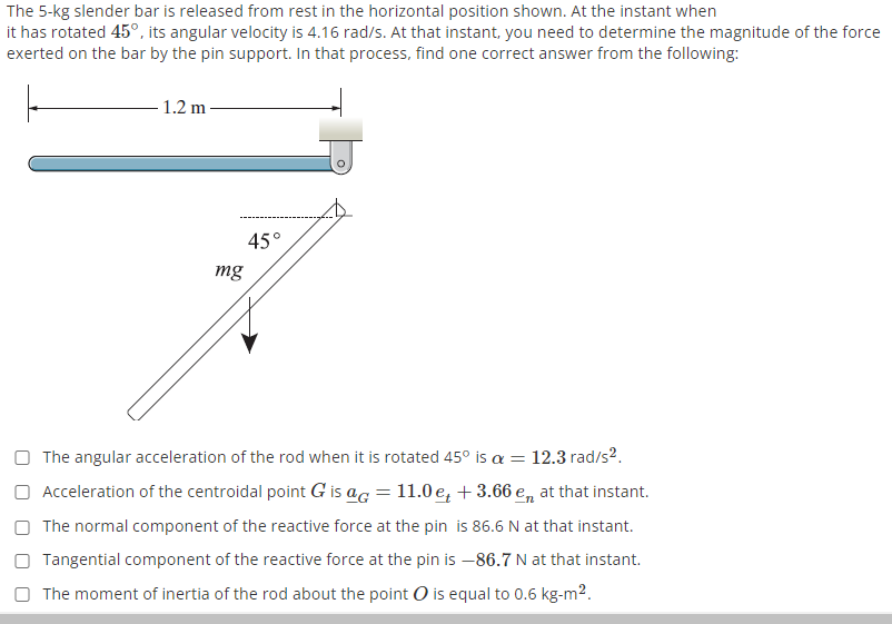 Solved The 5−kg slender bar is released from rest in the | Chegg.com