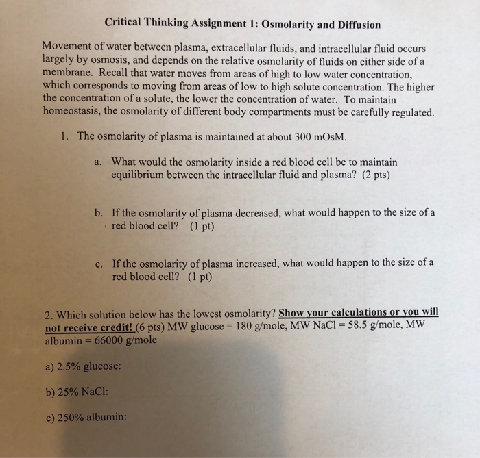 Solved Critical Thinking Assignment 1: Osmolarity and | Chegg.com