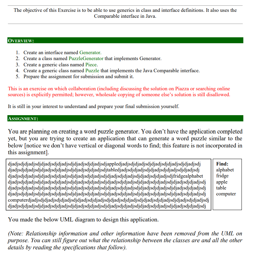 UML: Comparable Generator +generate(int, | Chegg.com