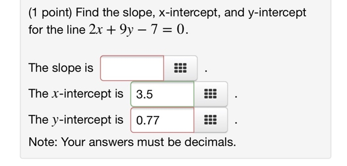 Solved (1 point) Find the slope, x-intercept, and | Chegg.com
