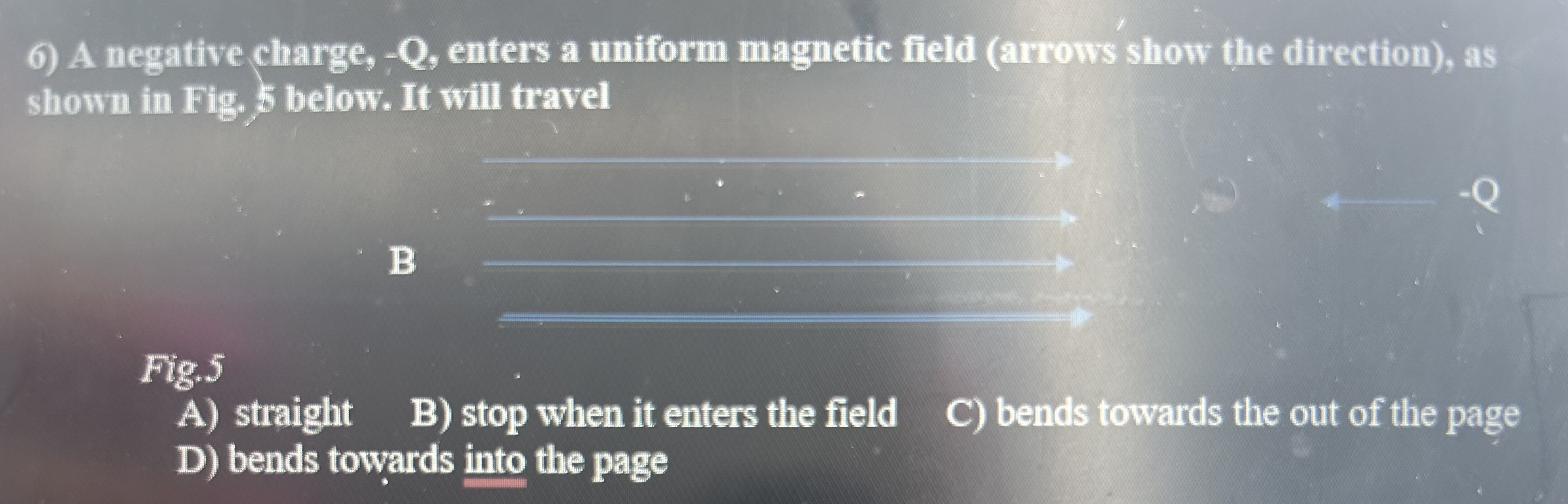 Solved 6) A negative charge, −Q, enters a uniform magnetic | Chegg.com