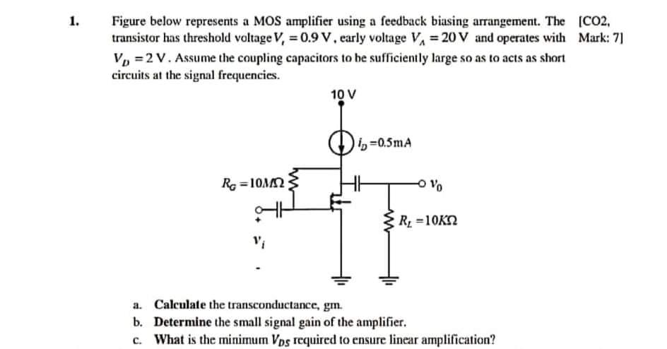 Solved 1. Figure below represents a MOS amplifier using a | Chegg.com