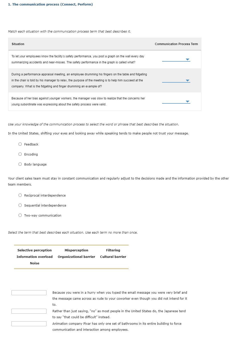 Solved 1. The communication process (Connect, Perform) Match | Chegg.com