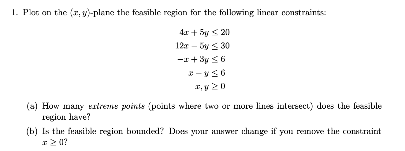 Solved 1. Plot on the (x, y)-plane the feasible region for | Chegg.com