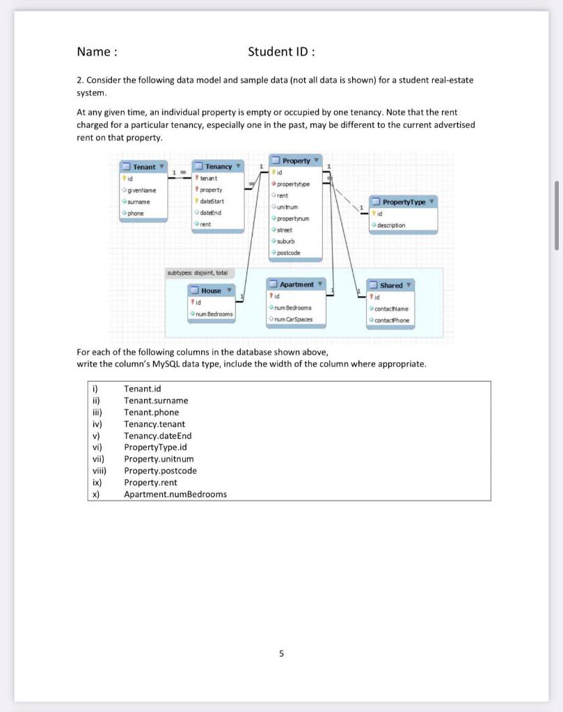 Solved Name : Student ID: 2. Consider the following data | Chegg.com