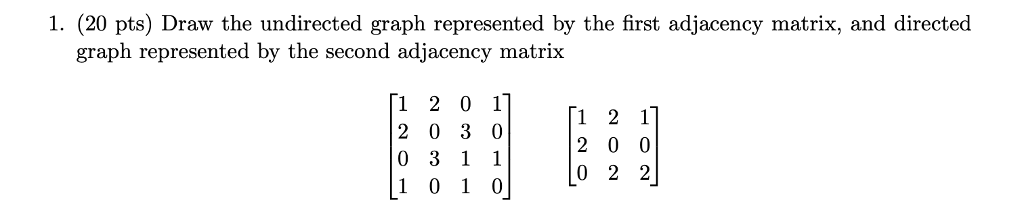 Solved 1. (20 pts) Draw the undirected graph represented by | Chegg.com