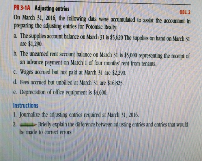Solved PR3-1A Adjusting entries On March 31, 2016, the | Chegg.com