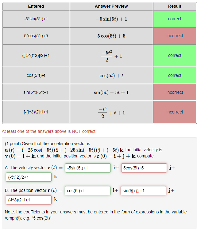 Solved Entered Answer Preview Result -5 sin(5t) + 1 correct | Chegg.com