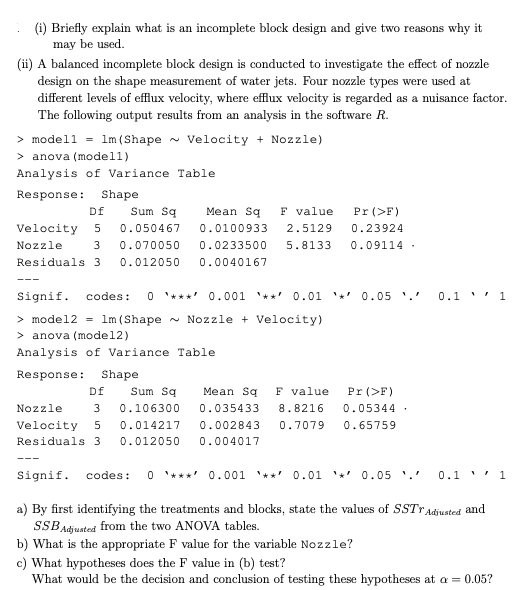 (1) Briefly explain what is an incomplete block | Chegg.com