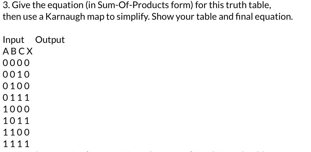 Solved 3. Give the equation (in Sum-Of-Products form) for | Chegg.com