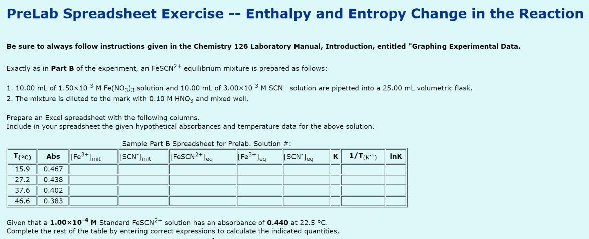 Solved PreLab Spreadsheet Exercise Enthalpy and Entropy | Chegg.com