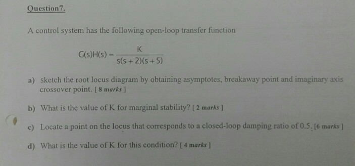 Solved Question 7. A control system has the following | Chegg.com
