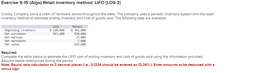 Solved Exercise 9-15 (Algo) Retail inventory method; LIFO | Chegg.com