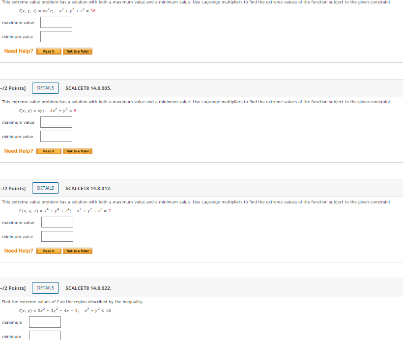 Solved This extreme value problem has a solution with both a | Chegg.com