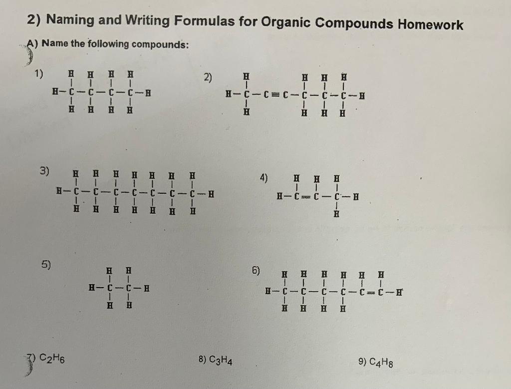 Solved 2) Naming and Writing Formulas for Organic Compounds | Chegg.com