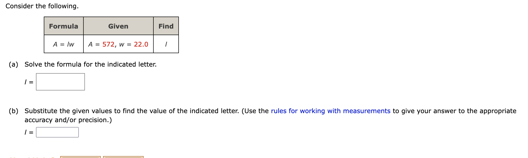 Solved Consider the following. Formula Given Find A = /w A | Chegg.com