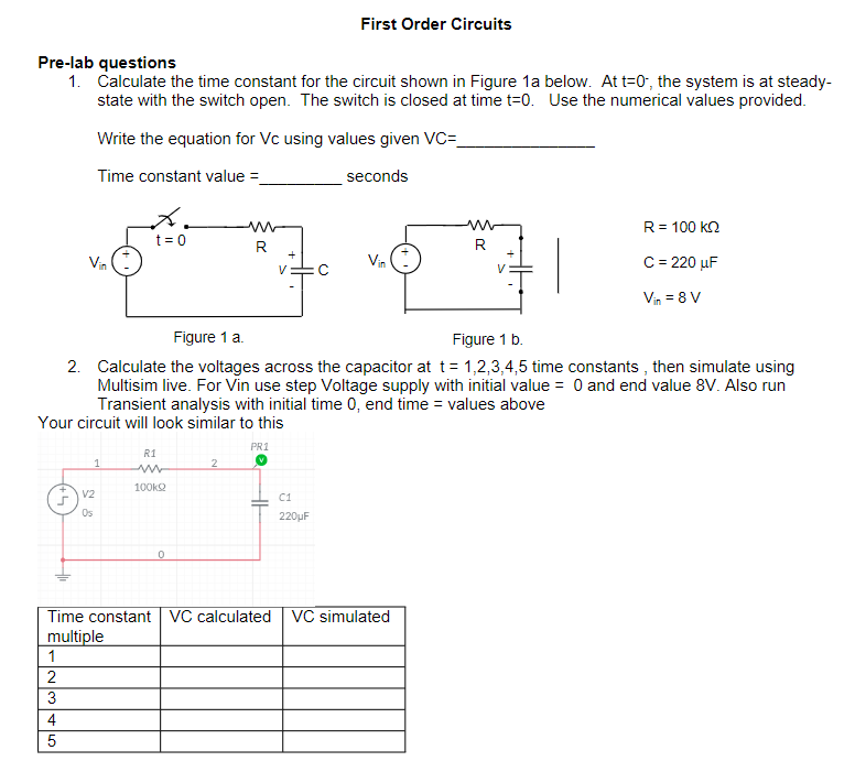 Solved First Order Circuits Pre-lab questions 1. Calculate | Chegg.com