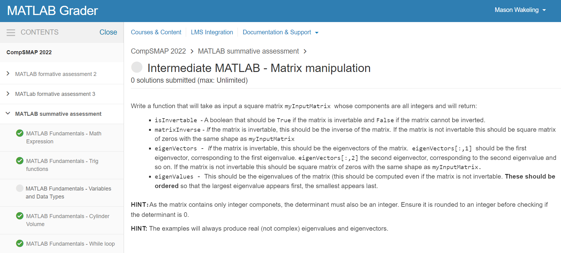 Solved MATLAB Grader Mason Wakeling CONTENTS Close Courses & | Chegg.com