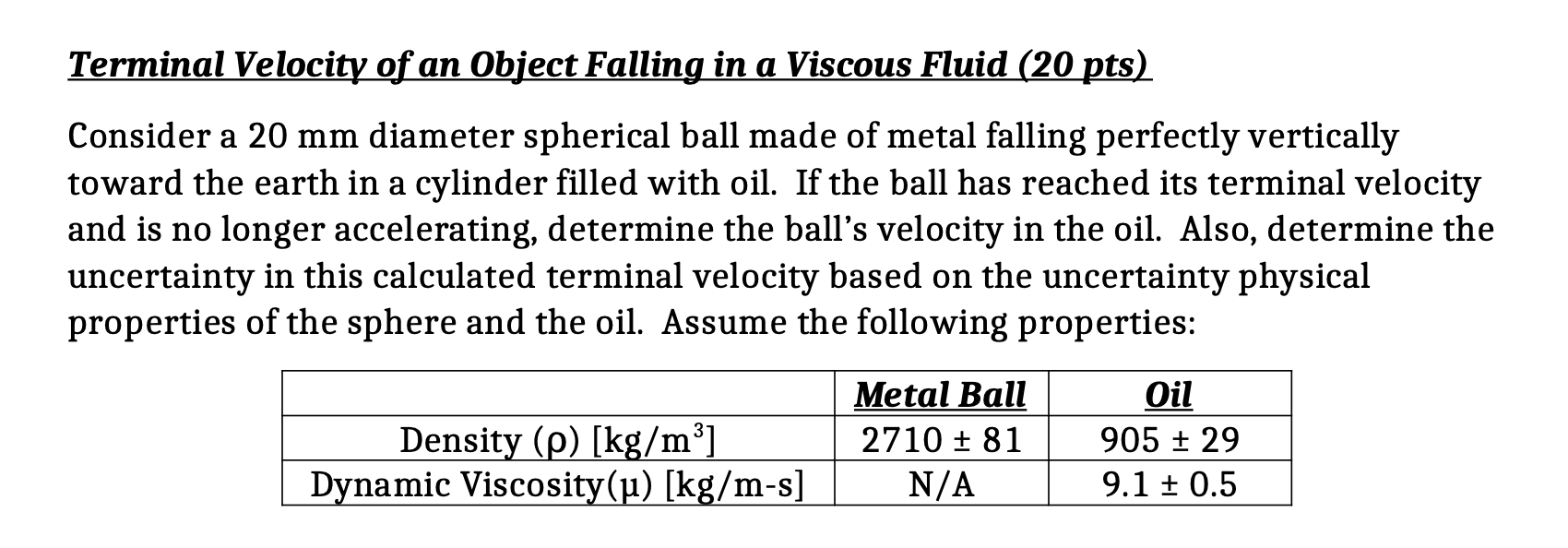 Solved Terminal Velocity of an Object Falling in a Viscous | Chegg.com