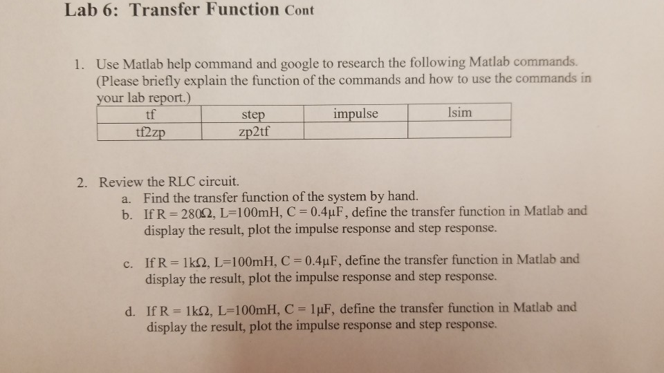 Solved Lab 6 Transfer Function Cont Use Matlab Help Command 5686