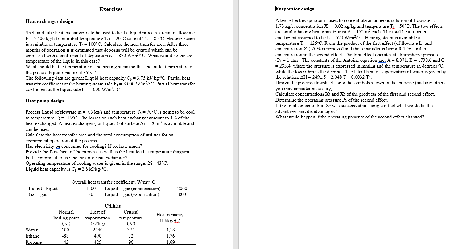 Exercises Evaporator design Heat exchanger design | Chegg.com