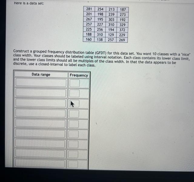 Solved Here is a data set: Construct a grouped frequency | Chegg.com