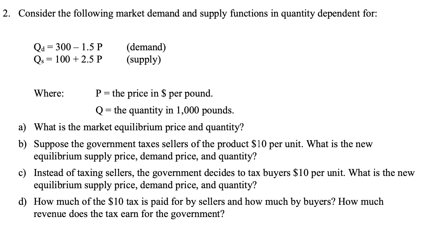 Solved Consider the following market demand and supply | Chegg.com