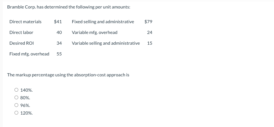 Solved Bramble Corp. has determined the following per unit | Chegg.com
