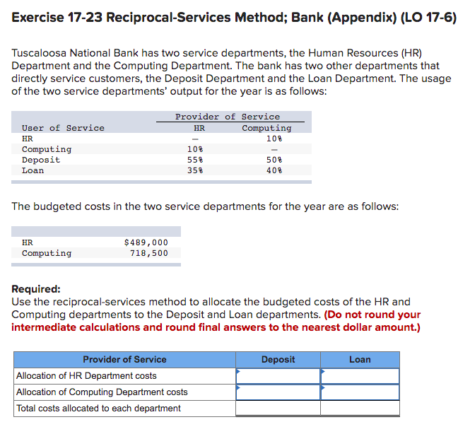 Solved Exercise 17-23 Reciprocal-Services Method; Bank | Chegg.com