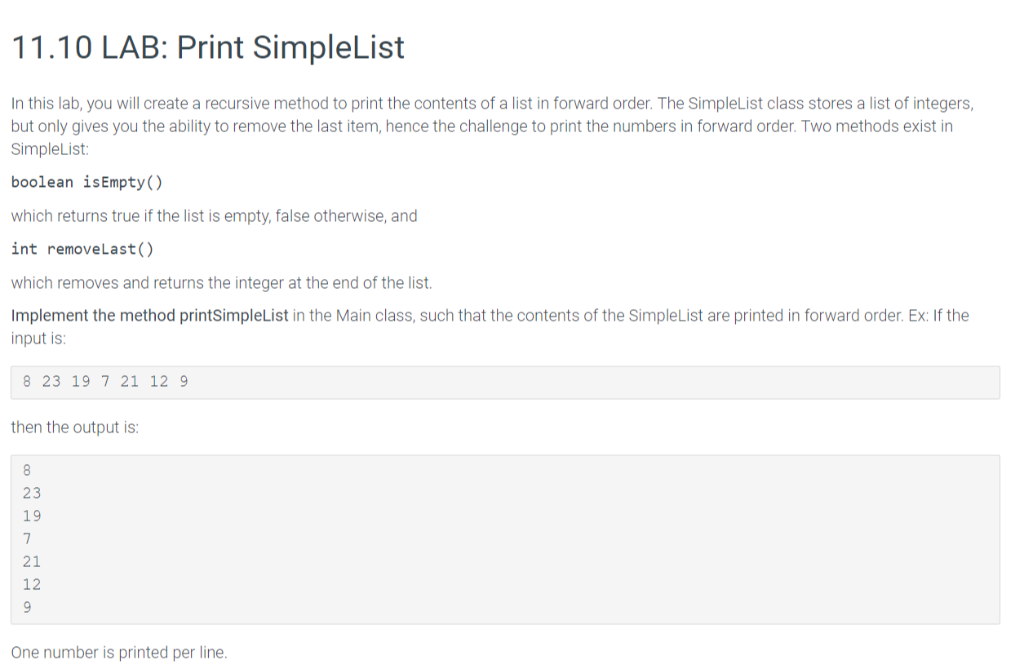Solved 11.10 LAB: Print SimpleList In this lab, you will | Chegg.com