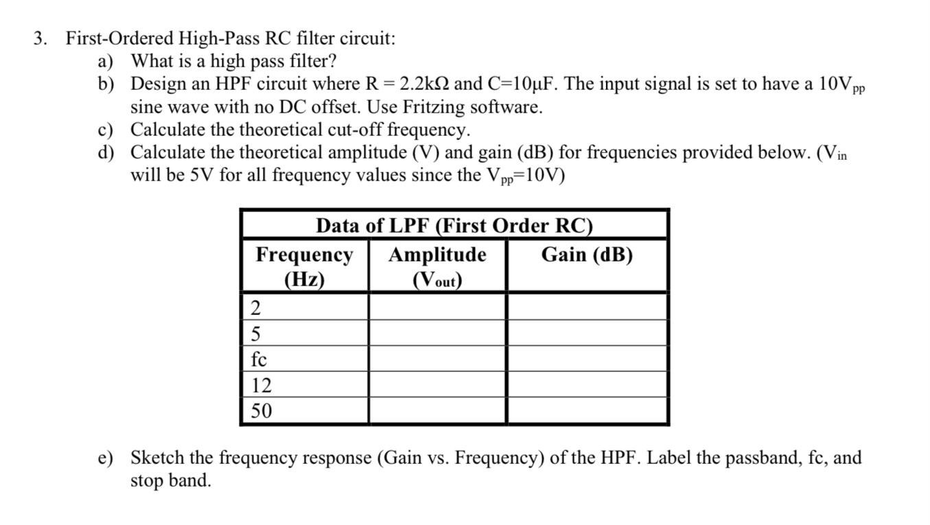 Solved 3. First-Ordered High-Pass RC filter circuit: a) What | Chegg.com